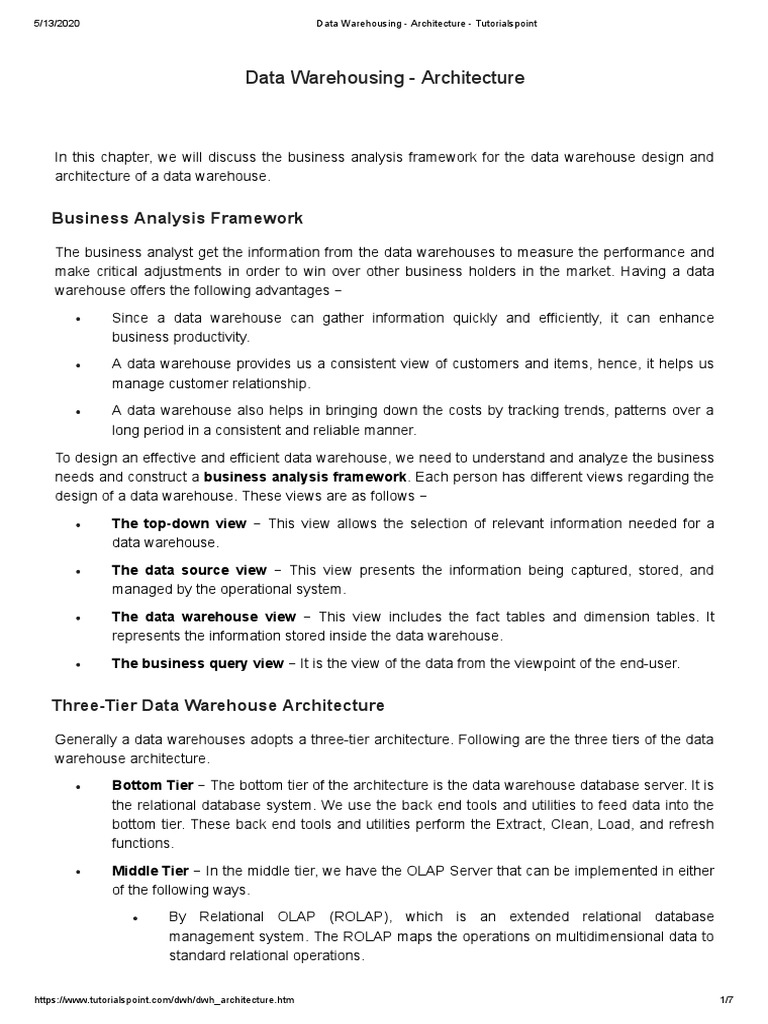 Data Warehousing - Architecture - Tutorialspoint | PDF | Data Warehouse | Databases