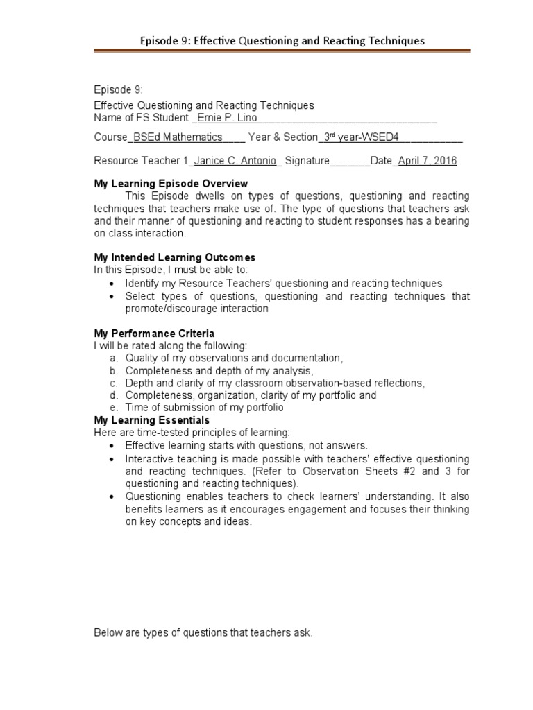 Episode 9: Effective Questioning and Reacting Techniques: My Learning Episode Overview | PDF ...
