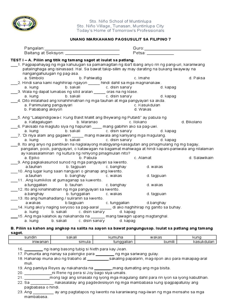 Unang Markahang Pagsusulit Sa Filipino 7 | PDF