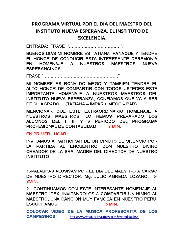 Programa Dia Del Maestro Virtual Del Instituto Nueva Esperanza | PDF