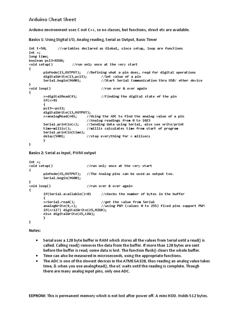 Arduino Cheat Sheet Basics 1 Using Digital Io Analog Reading Serial As Output Basic Timer