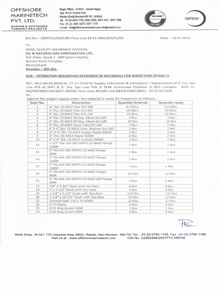 STAGE-1 Inspection Call W.O.3 BHS PFA14032019 | PDF