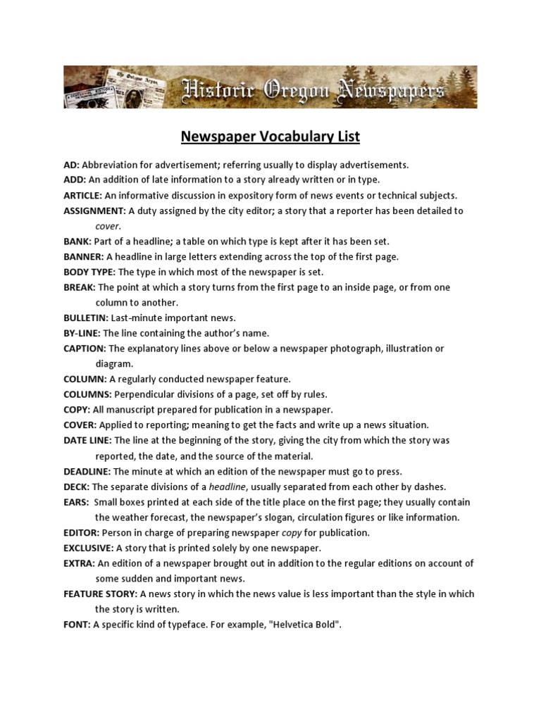 Newspaper Vocabulary List: Cover | PDF | Newspapers | News
