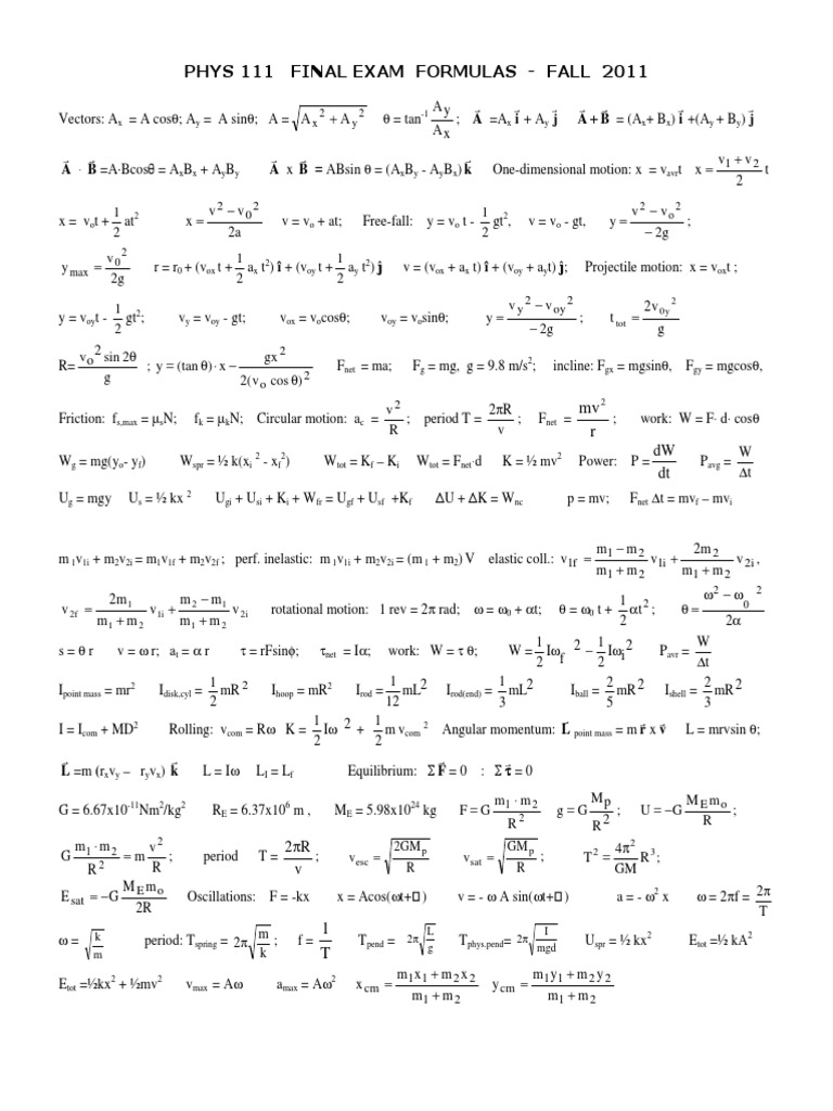 Phys 111 Final Exam Formulas - Fall 2011: DT DW | PDF | Change | Mechanical Engineering
