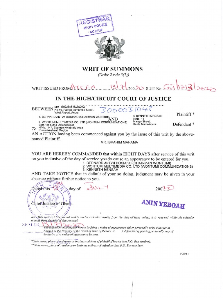 Writ of Summons Ibrahim Vrs Antwi Bosiako | PDF