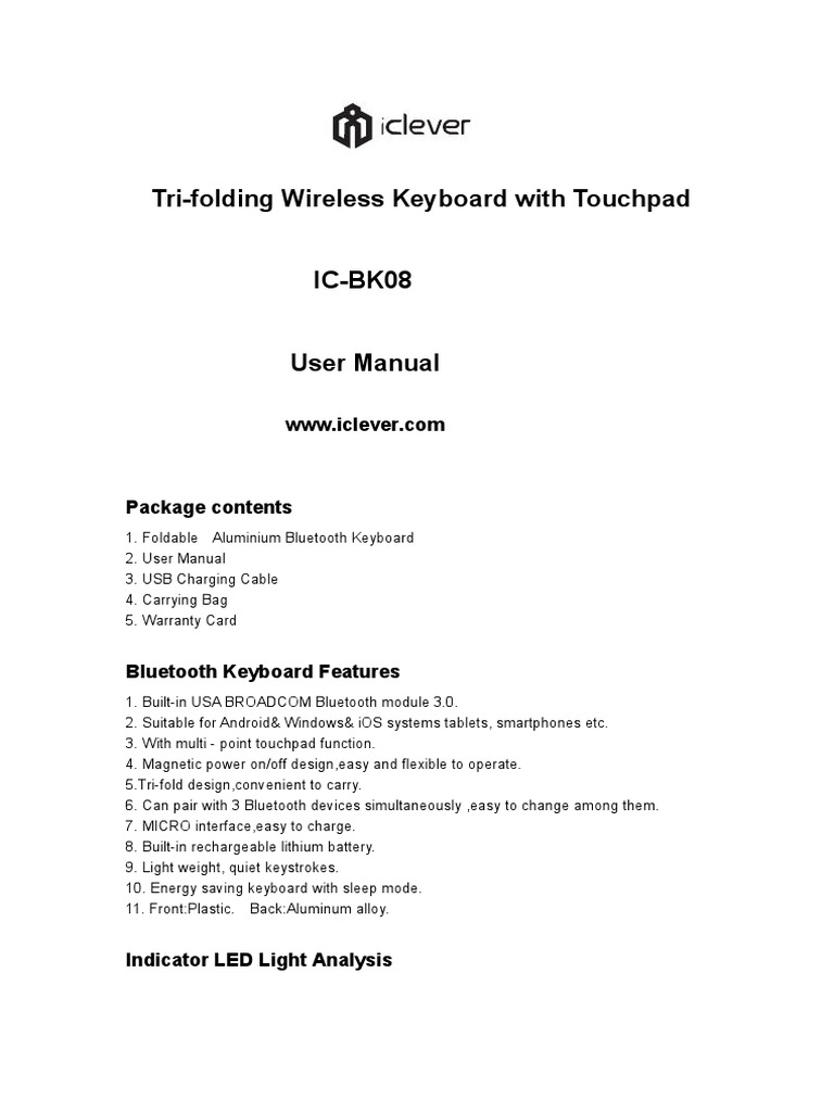 Tri-Folding Wireless Keyboard With Touchpad IC-BK08 User Manual | PDF | Computer Keyboard ...