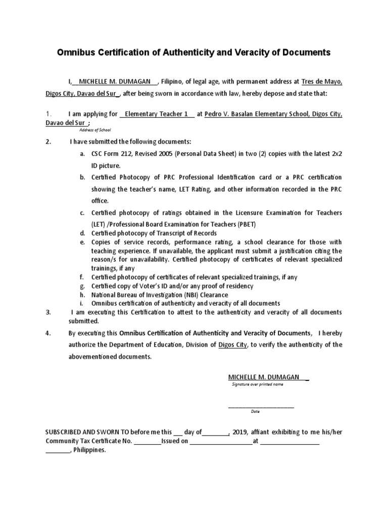 Omnibus Certification of Authenticity and Veracityelementary | PDF ...