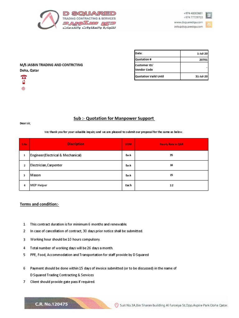 Quotation For Manpower Supply | PDF | Economies | Business