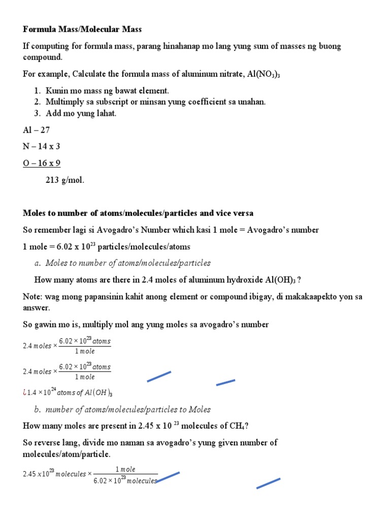 Formula Mass/Molecular Mass: A. Moles To Number of Atoms/molecules/particles | PDF | Mole (Unit ...