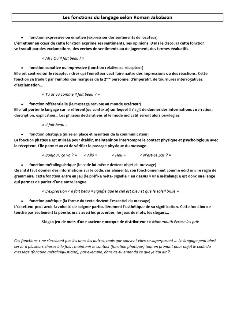 Les 6 Fonctions du Langage de Jakobson | PDF | Grammaire ...