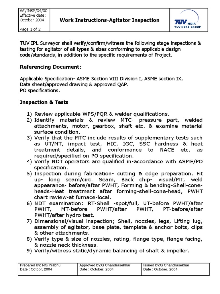 WI-INSP-04 R0 Work Instruction-Agitator Insp | PDF | Specification ...