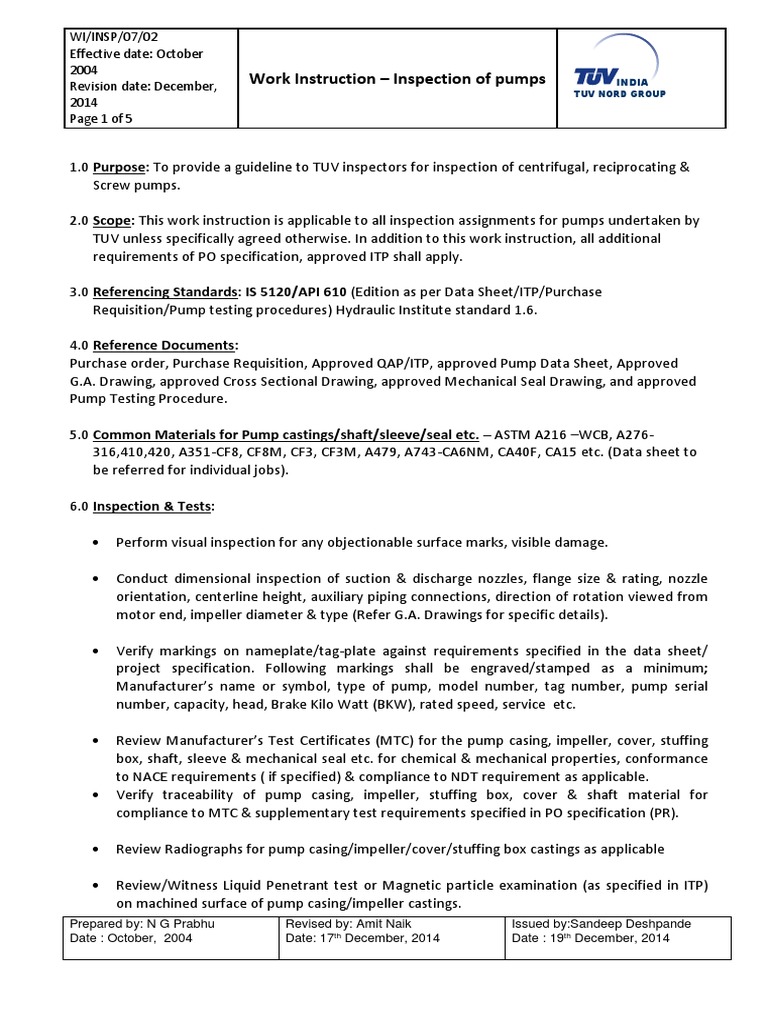 Work Instruction – Inspection of pumps | Pump | Specification ...