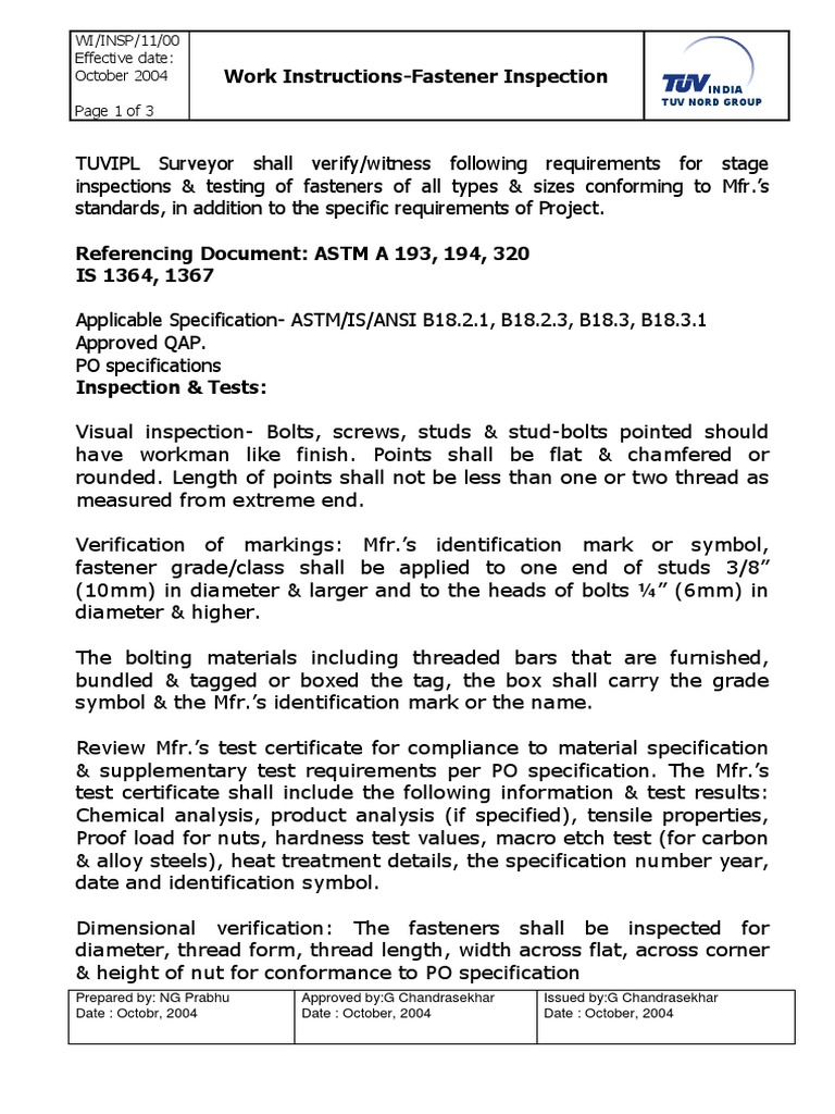Work Instructions-Fastener Inspection: WI/INSP/11/00 Effective Date ...