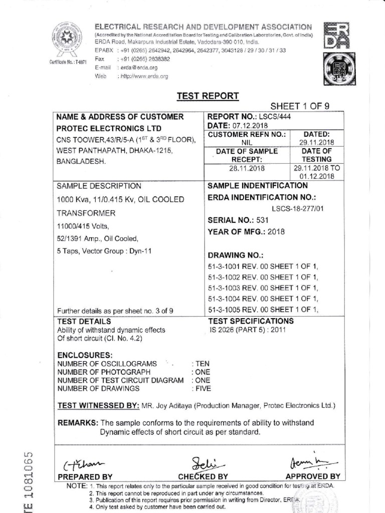 1000 KVA Type Test From ERDA, India | PDF | Transformer | Electrical ...