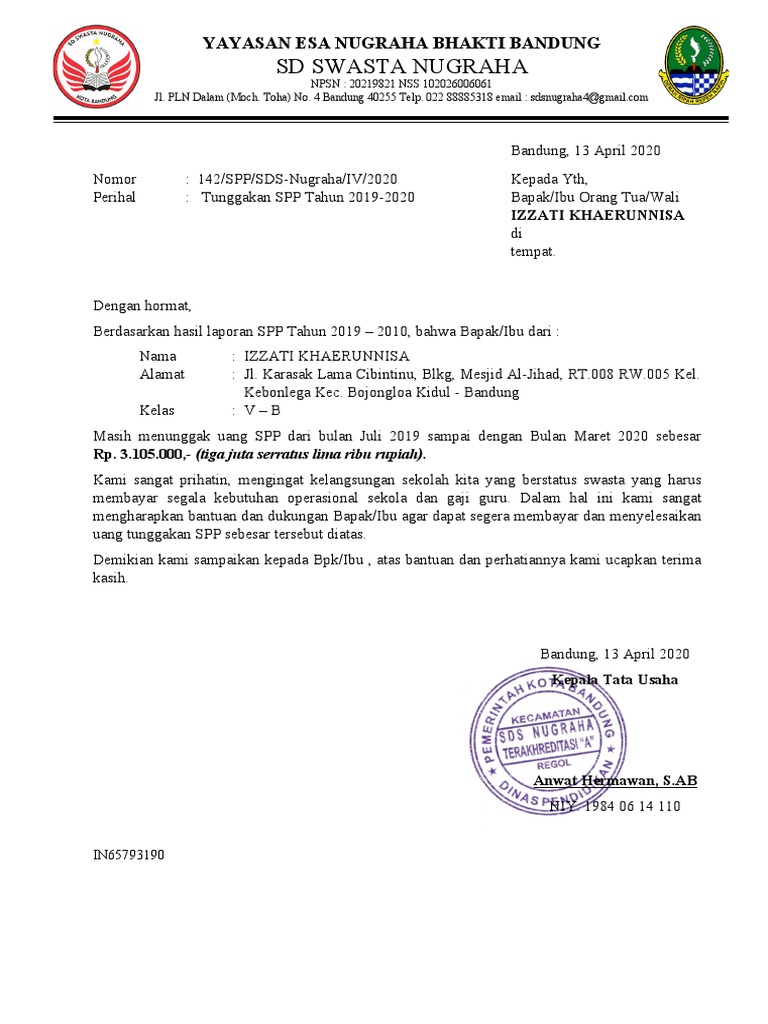 Contoh Surat Tagihan SPP | PDF