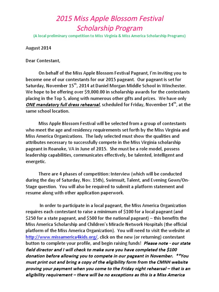 2015 Miss Apple Blossom Festival Scholarship Program | PDF | Business