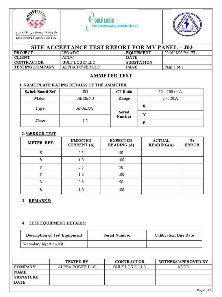 Site Acceptance Test Report For MV Panel - J03 | PDF
