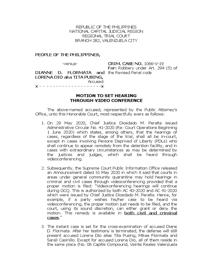 Motion To Set Hearing Thru Video Conference Flormata | PDF | Judge ...