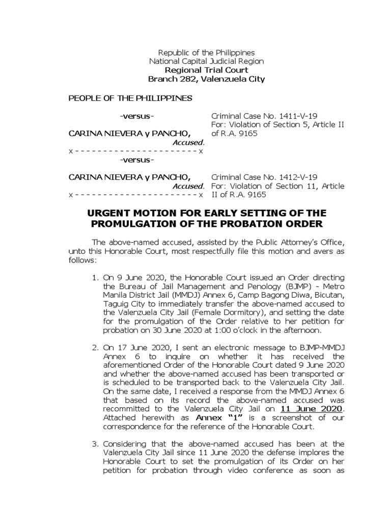 Urgent Motion for Probation Order | PDF | Criminal Justice | Crime ...