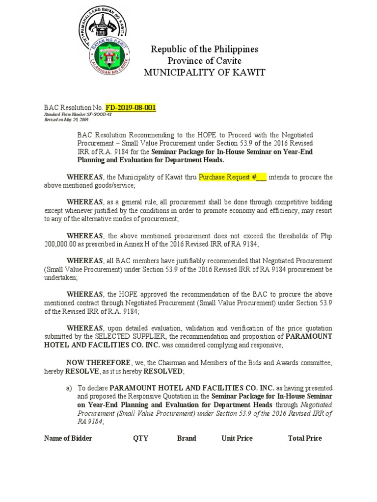 BAC Resoluton-Negotiated Procurement-Small Value Procurement | PDF ...