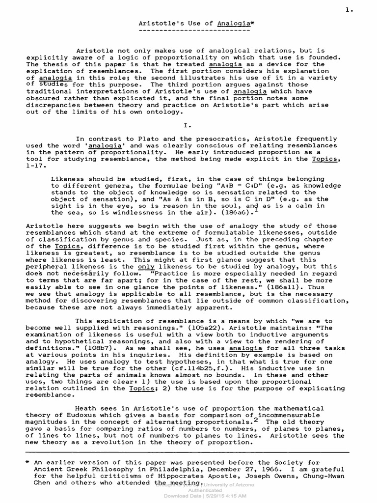 Aristotle's Use of Analogy to Explicate Resemblances Across Genera ...