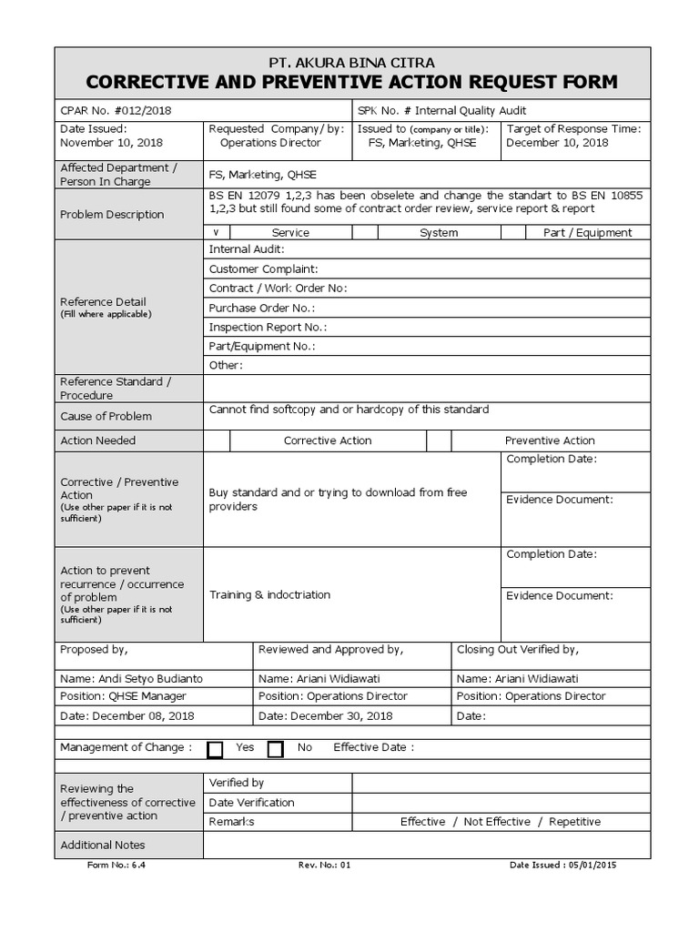 Corrective and Preventive Action Request Form: Pt. Akura Bina Citra ...