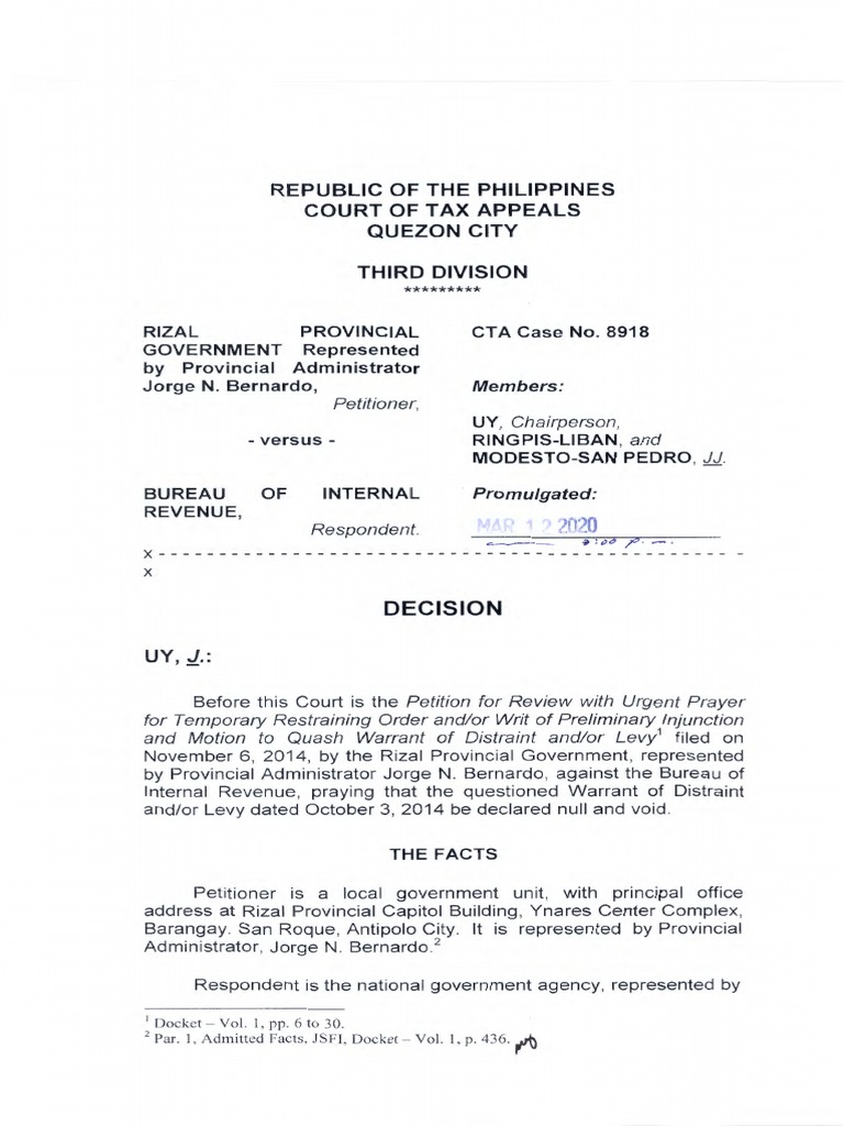 CTA Case No. 8918 PDF | PDF | Law Of Agency | Internal Revenue Service