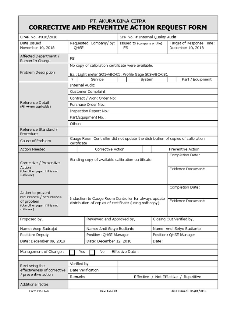 Corrective and Preventive Action Request Form: Pt. Akura Bina Citra ...