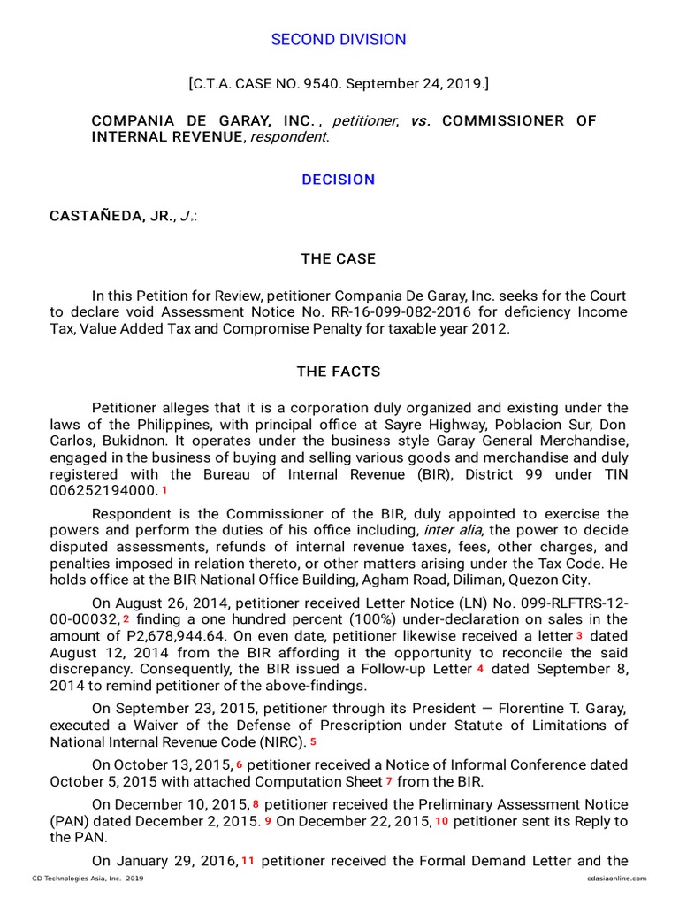 CTA Case No. 9540 | PDF | Taxpayer | Internal Revenue Service