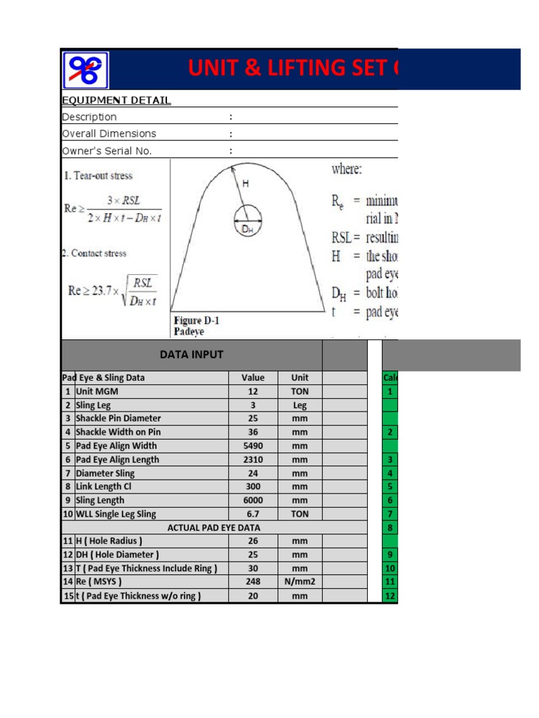 Unit & Lifting Set Calculator: Data Input Calculation & Standard Result ...