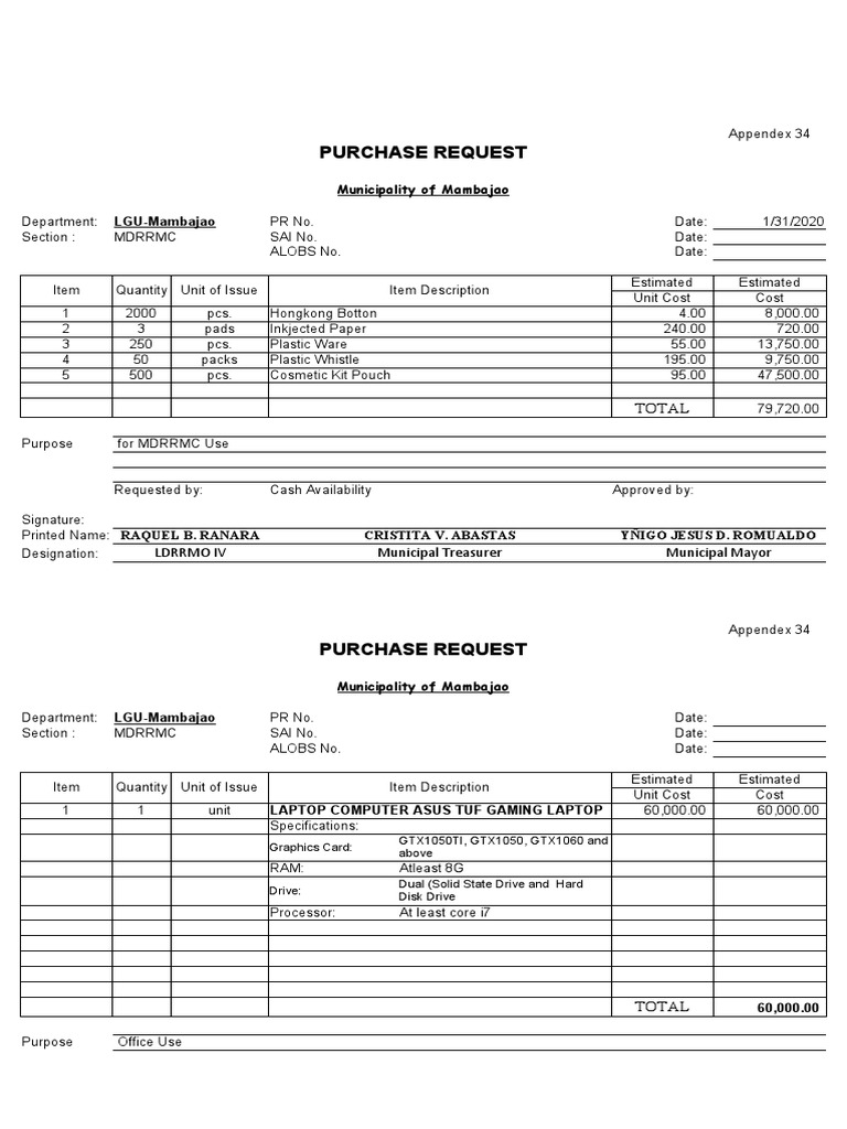 MDRRMC Purchase Request for Rescue Equipment | PDF | Motorcycle | Printer (Computing)
