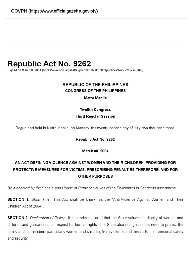 Republic Act No. 9262 PDF | PDF | Restraining Order | Violence