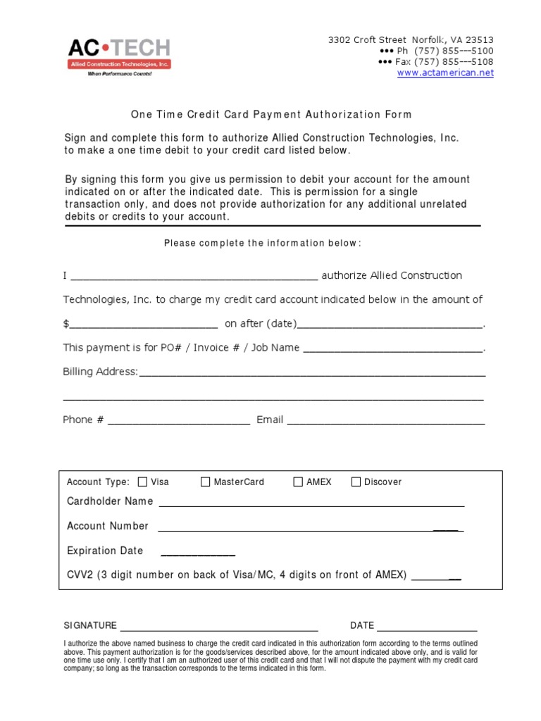 One Time Credit Card Payment Authorization Form: Please Complete The Information Below | PDF ...