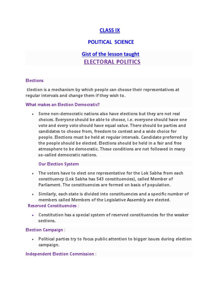 Class IX POLITICAL SCIENCE ASSIGNMENT - 9 | PDF | Elections | Electoral ...