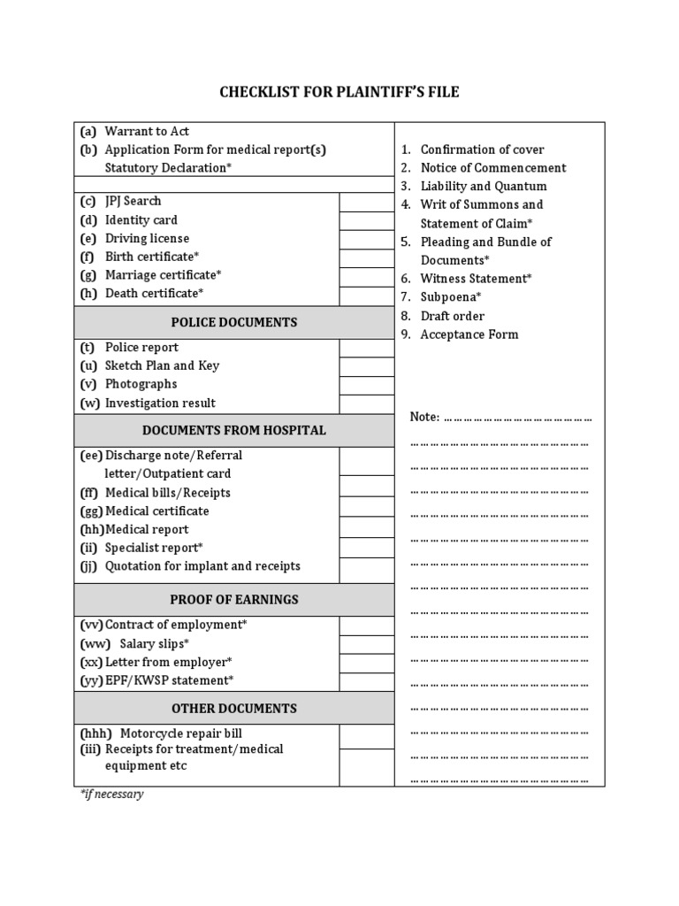 Plaintiff's File Checklist for Legal Cases | PDF | Law