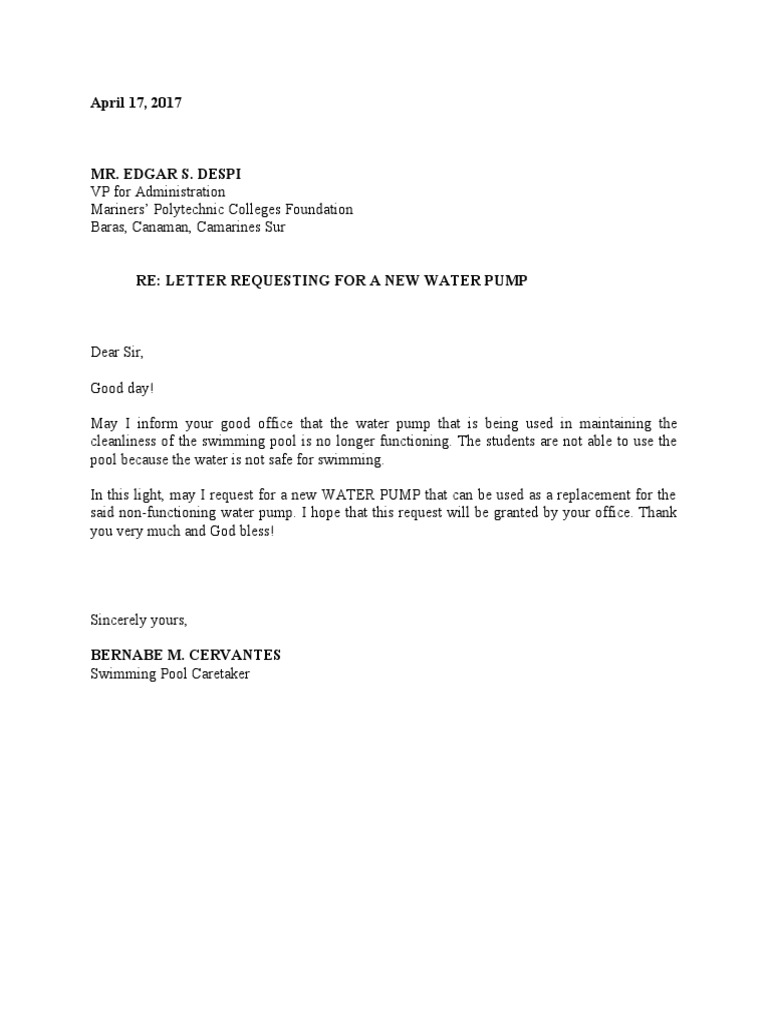 New Water Pump Request Letter | PDF