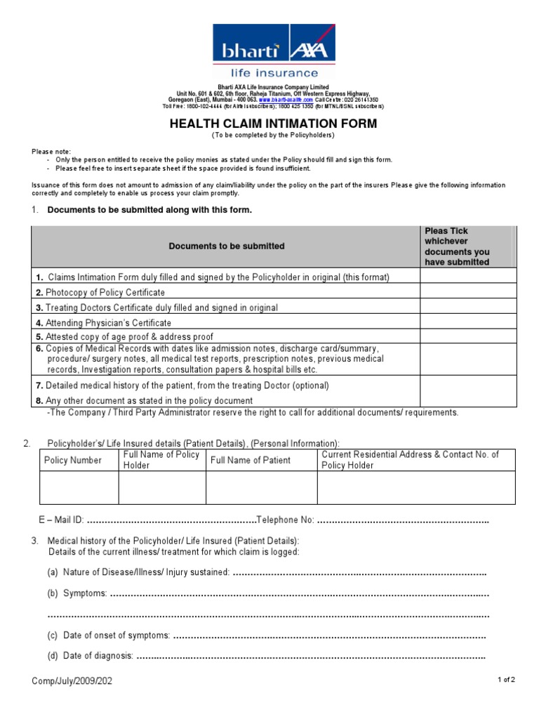 Easyhealth Claim Intimation Form | PDF | Insurance | Cheque