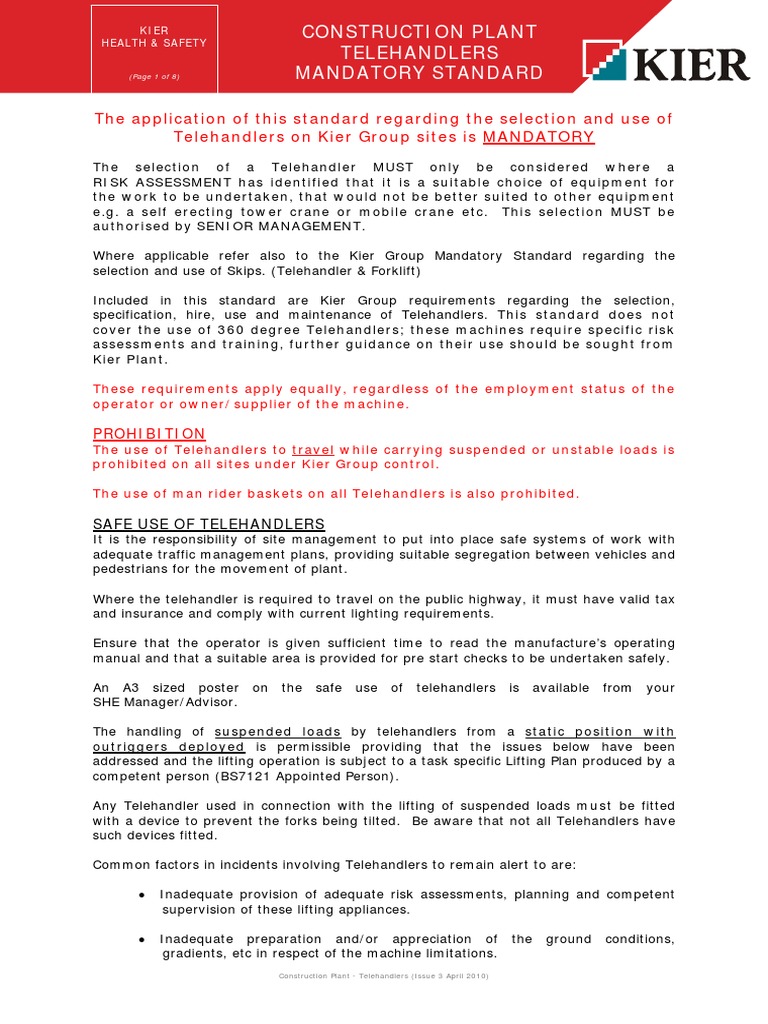 Telehandler Safety and Standards Guide | PDF | Forklift | Occupational ...