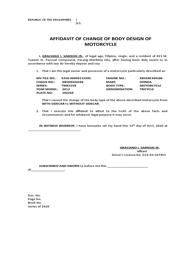 Affidavit of Change of Body Design of Motorcycle: Republic of The ...