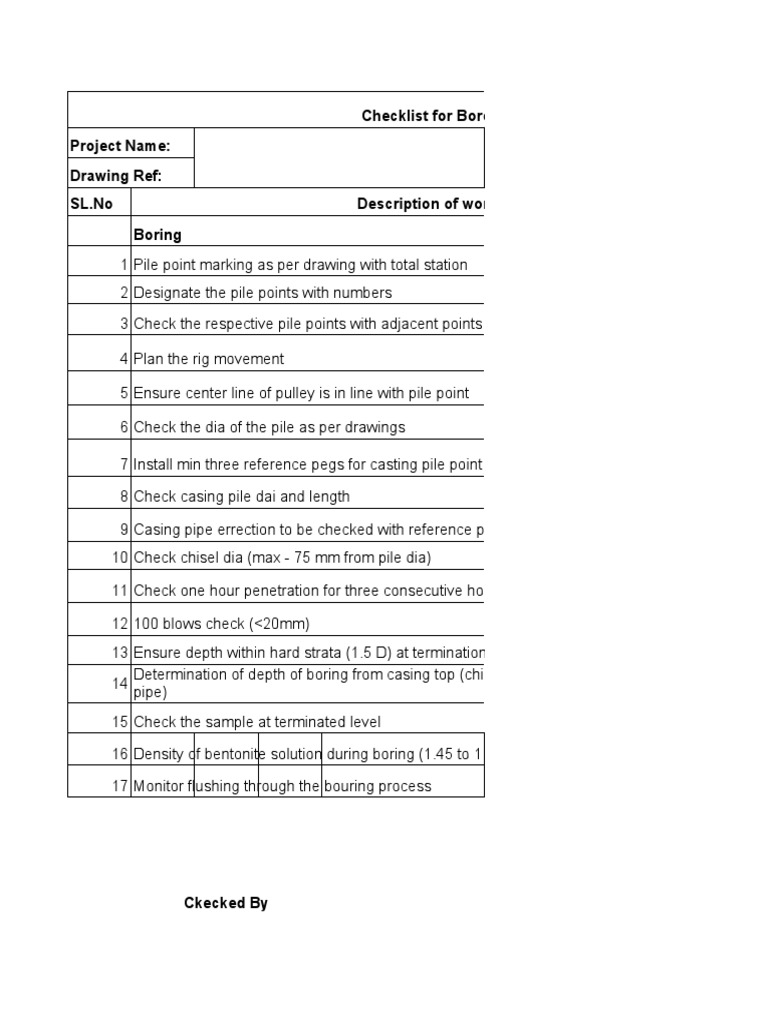 Checklist For Bored Cast In-Situ Piles Boring | PDF