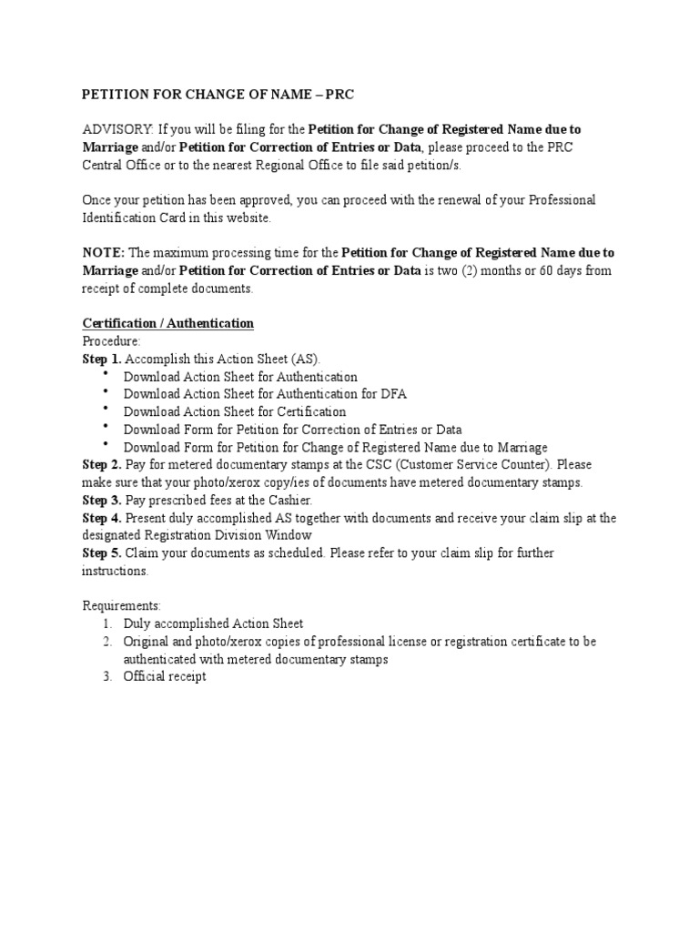 PRC Name Change Petition Process | PDF