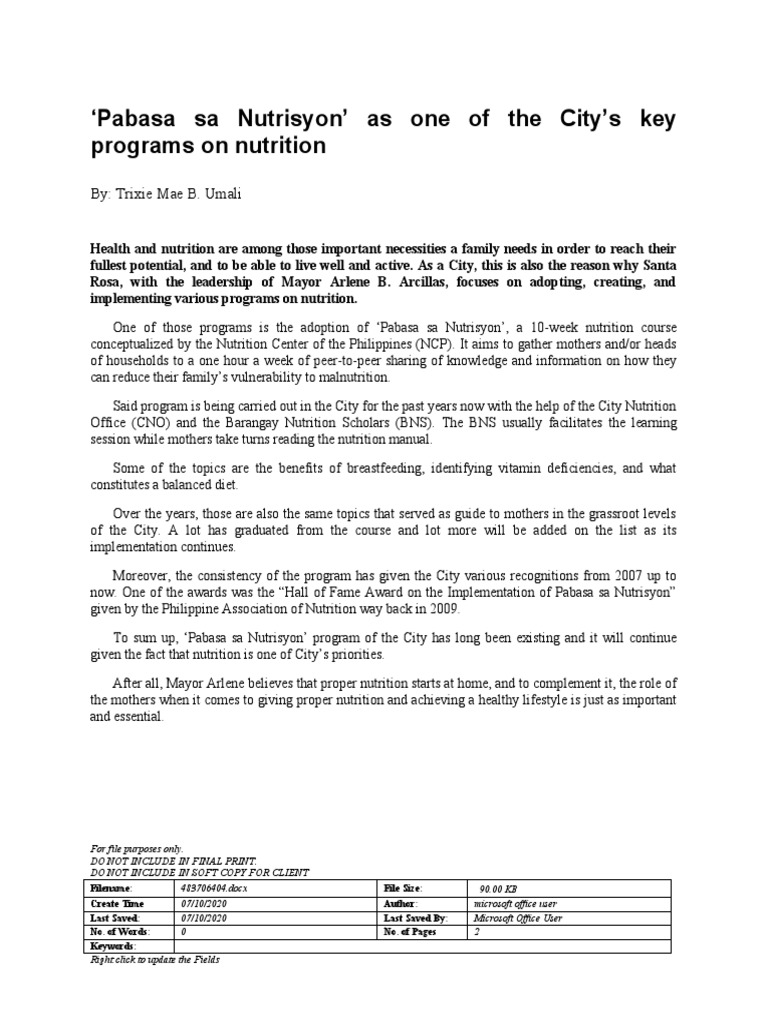 Pabasa Sa Nutrisyon' As One of The City's Key Programs On Nutrition ...