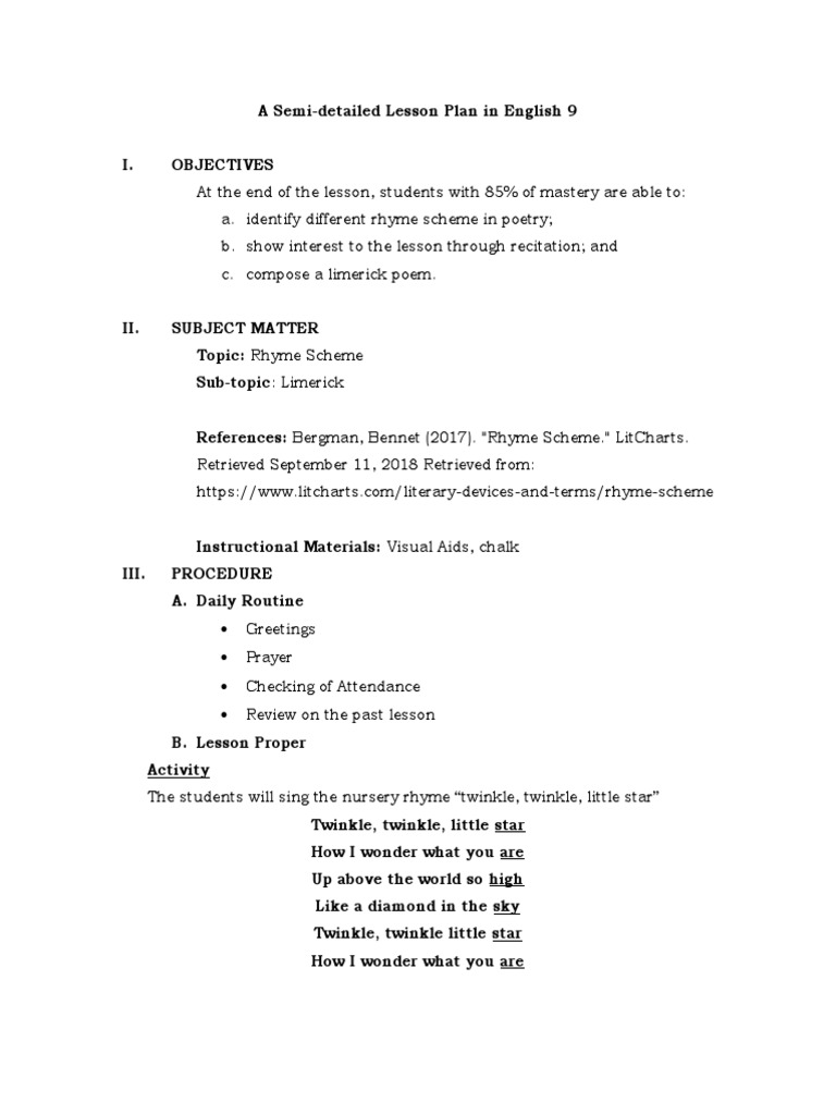 Rhyme Scheme Lesson Plan for English 9 | PDF | Rhyme | Poetry