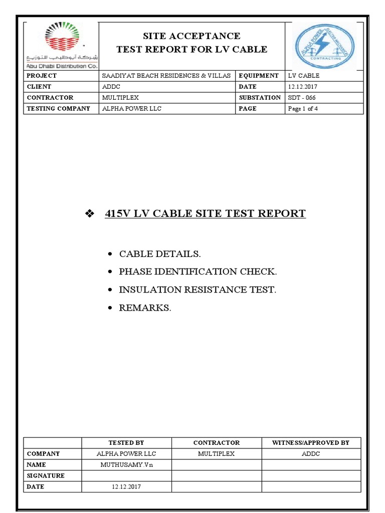 Site Acceptance Test Report For LV Cable | PDF | Electrical Substation ...