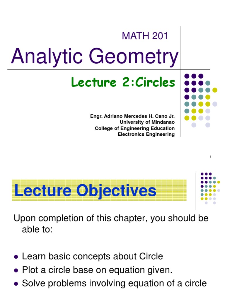 Circles in Analytic Geometry MATH 201 | PDF | Circle | Geometric Objects