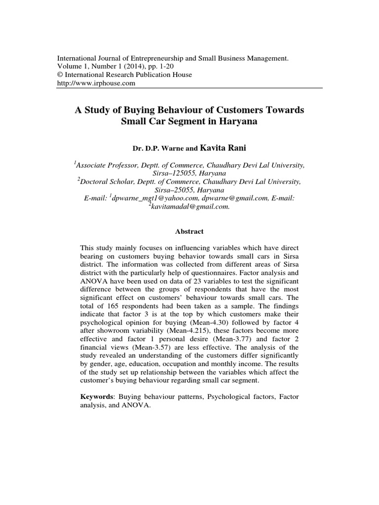 A Study of Buying Behaviour of Customers Towards Small Car Segment in Haryana | PDF ...