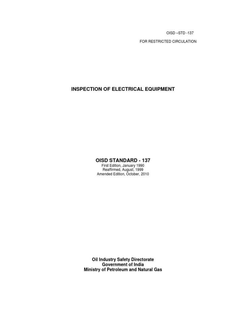 Inspection of Electrical Equipment: OISD - STD - 137 For Restricted ...