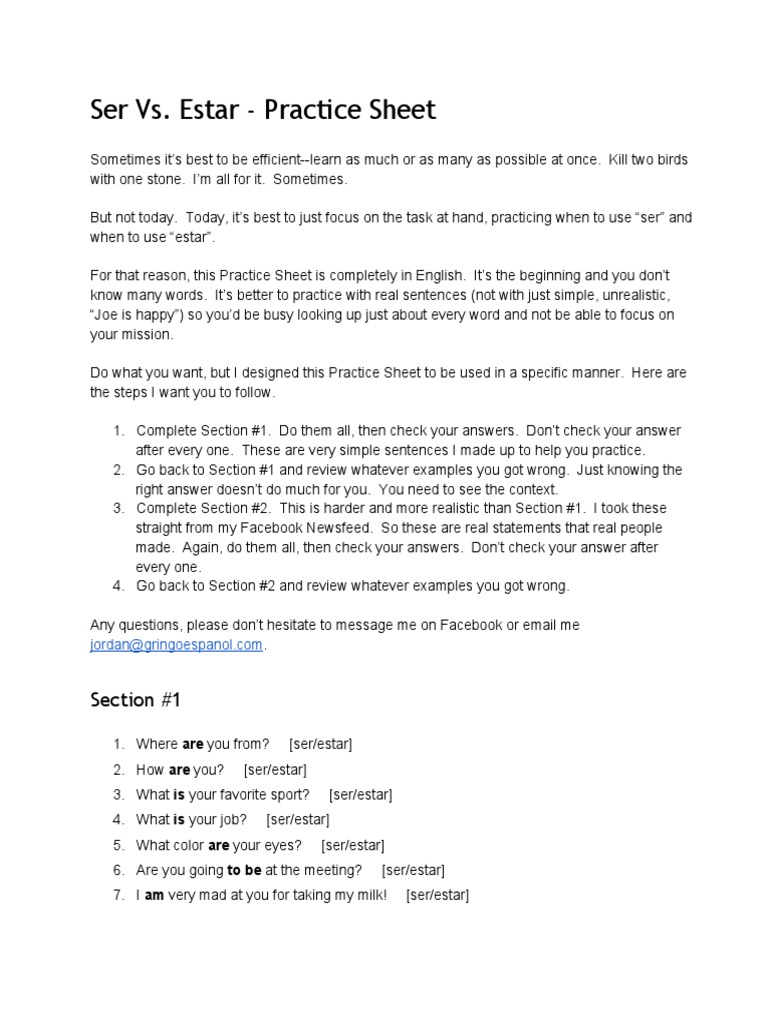 Practicing the Use of Ser and Estar: A Document with Sentences ...