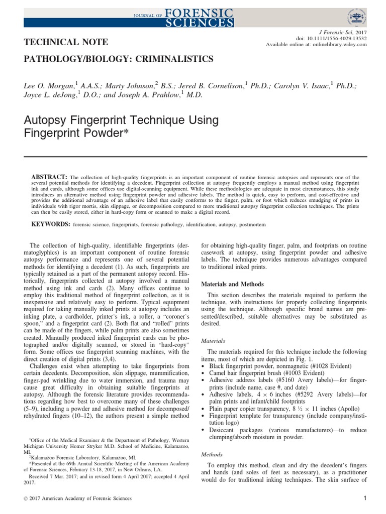 Autopsy Fingerprint Technique Using Fingerprint Powder : Technical Note ...