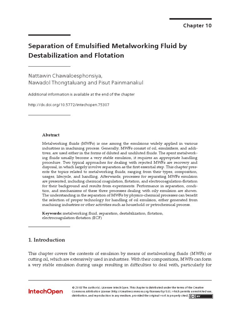 Separation of Emulsified Metalworking Fluid by Destabilization and ...